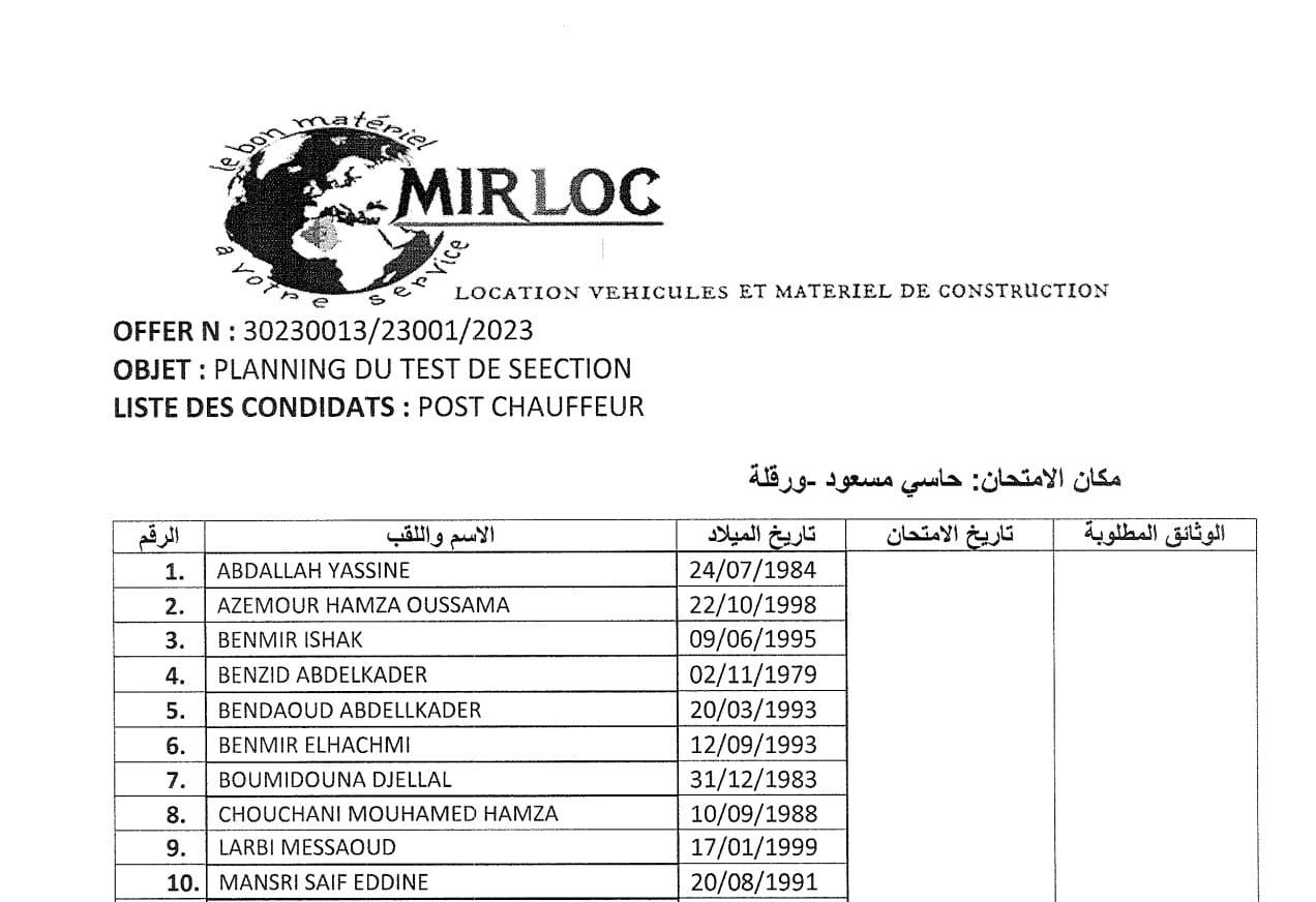 فحص مهني خاص بمؤسسة MIRLOC - مدونة التوظيف في الجزائر