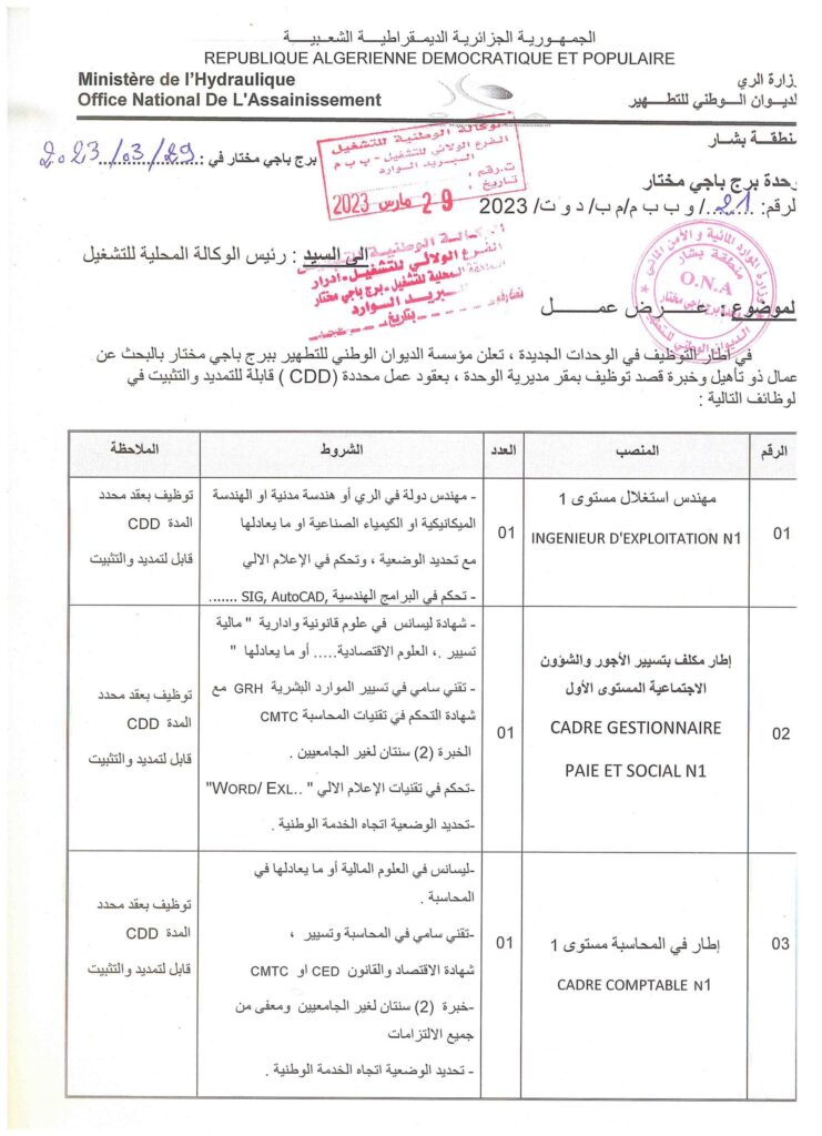 اعلان توظيف بالديوان الوطني للتطهير ONA - مدونة التوظيف في الجزائر