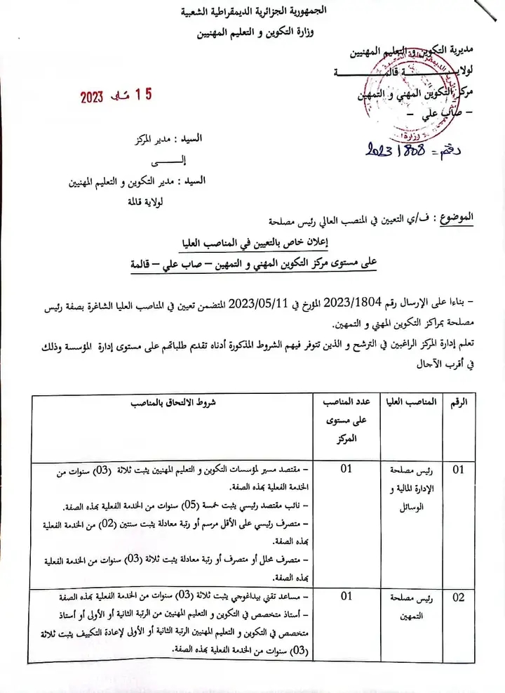اعلان توظيف في مناصب عليا بمركز التكوين المهني صاب علي قالمة مدونة
