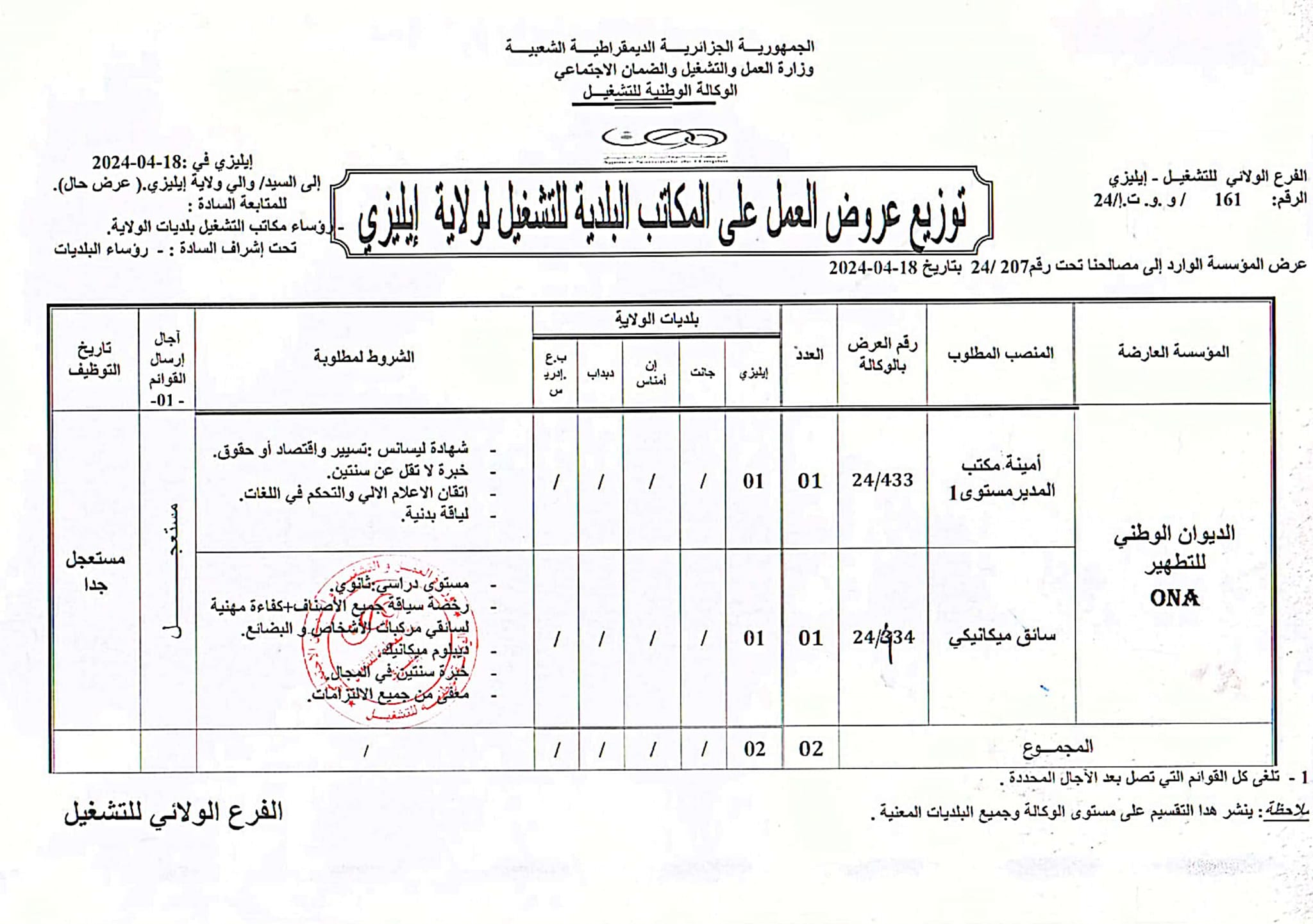 عرض عمل مستعجل جدا بالديوان الوطني للتطهير (ONA) - مدونة التوظيف في الجزائر